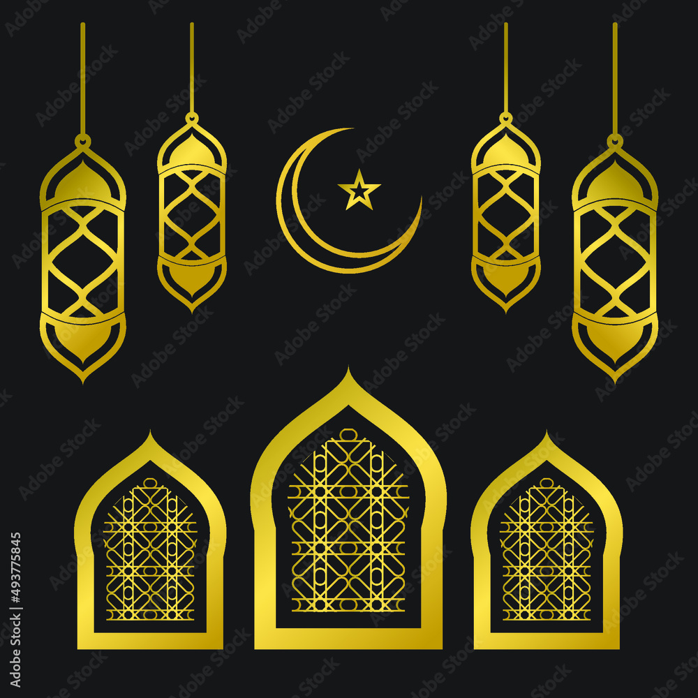 Islamic Vector Ramadan Lantern, Moon and Gate with Islamic Pattern ...