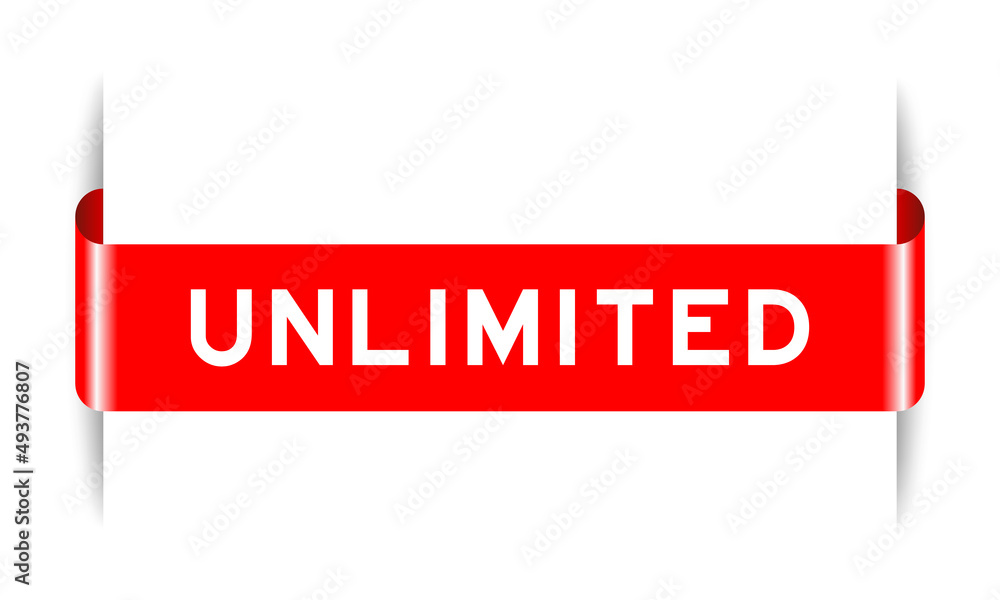 Red color inserted label banner with word unlimited on white background ...