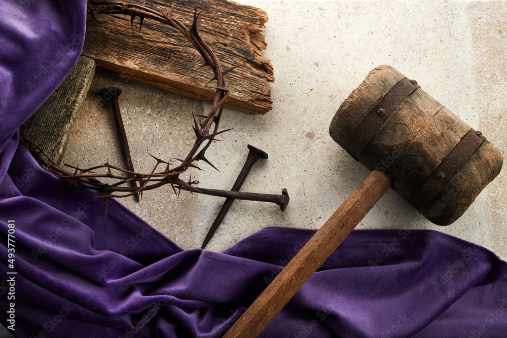 Crucifixion Of Jesus Christ. Cross With three Nails And Crown Of Thorns ...