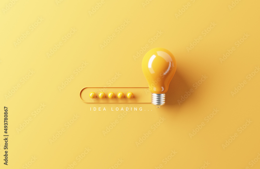 Idea Loading, Loading bar almost complete with idea being processed on a light bulb on yellow ...