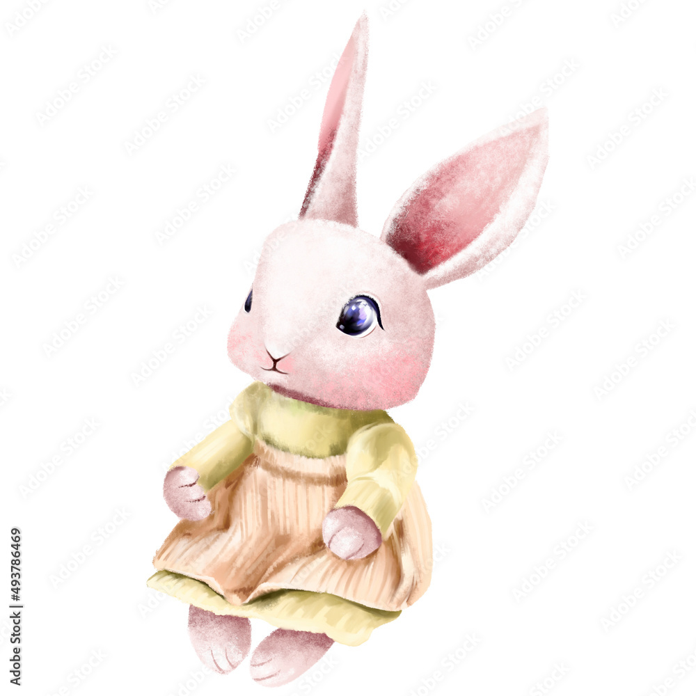 Watercolor set with a drawing of small rabbits. Kids illustration of a ...