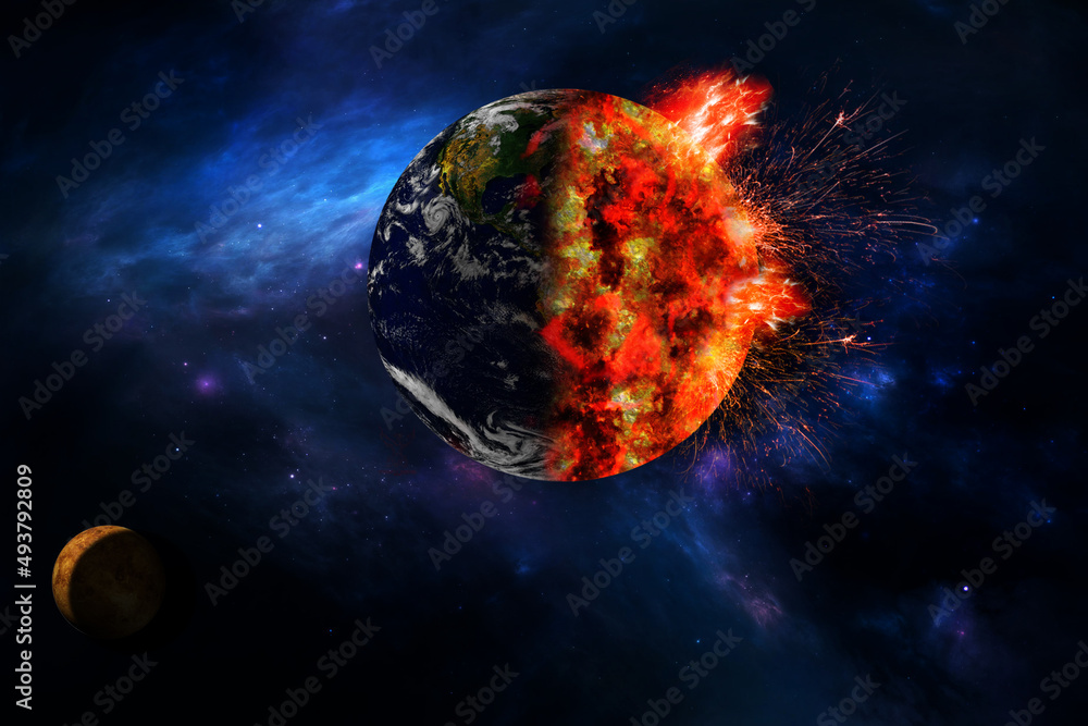Abstract apocalyptic background - burning and exploding planet . View ...