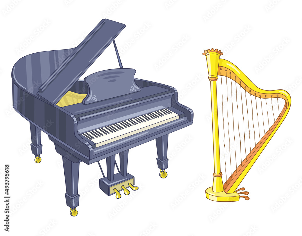 Musical instruments. Concert grand piano and harp in cartoon style ...