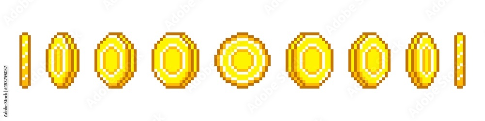 Pixel gold coins in animated motion. Yellow tokens for arcade and ...