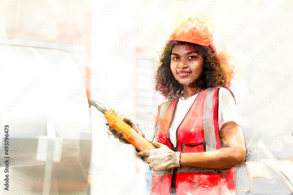 Digital painting and sketch drawing of African female worker working ...