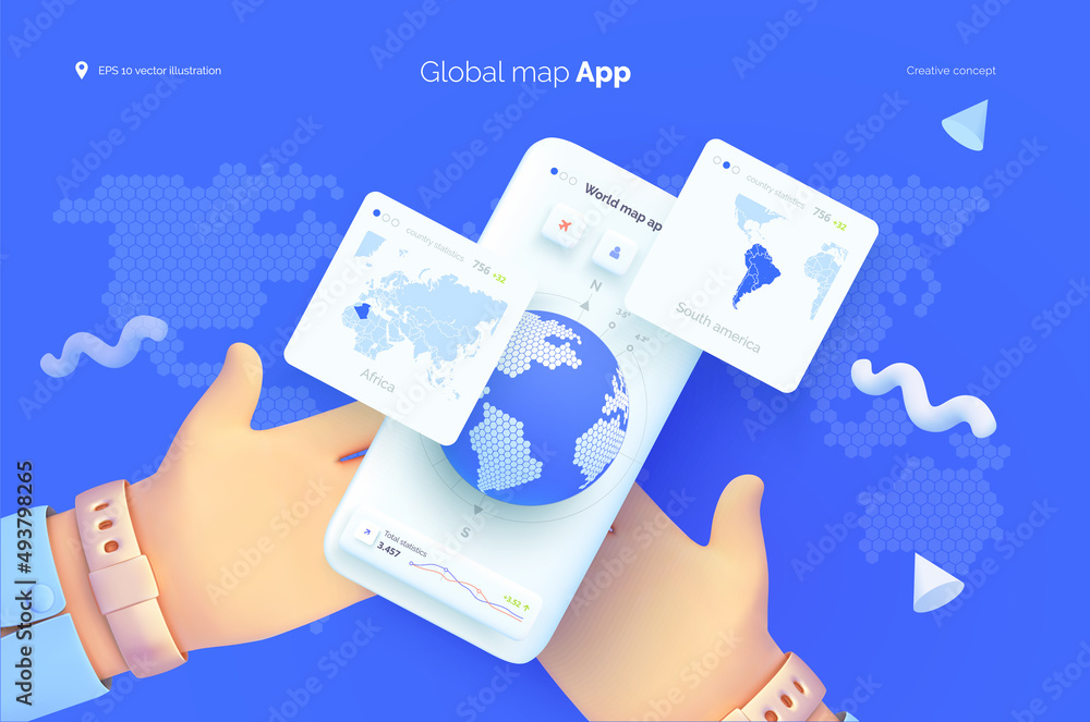 A hand is holding a smartphone with a world map user interface. Mobile ... A hand is holding a smartphone with a world map user interface. Mobile ...