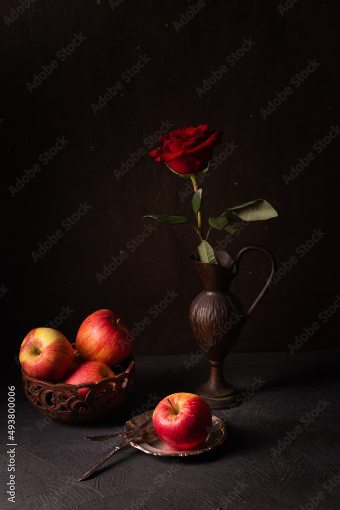 Vintage still life with copper jug and apples Stock Photo | Adobe Stock