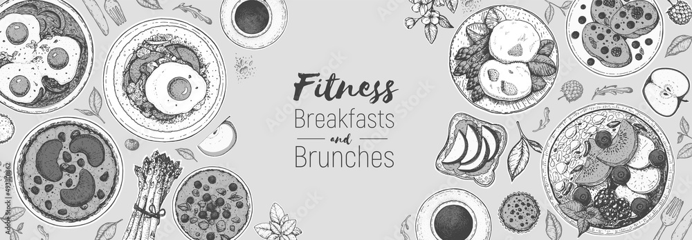 Breakfast, brunch sketch design elements, top view food. Morning food ...