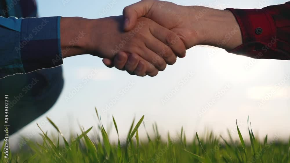 Agriculture. Farmers handshake in field. Agribusiness. Agricultural ...