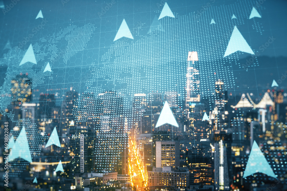 Abstract virtual geolocations map hologram on San Francisco skyline ...