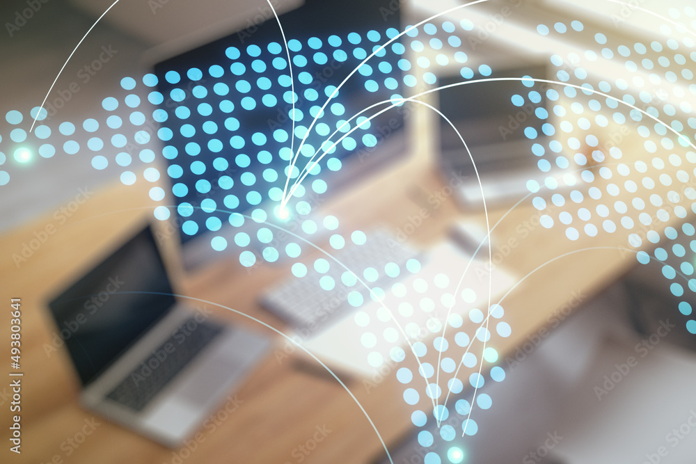 Abstract creative world map with connections and modern desktop with ...