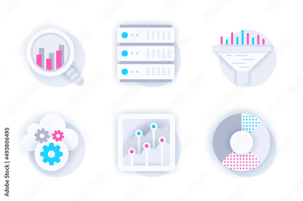 Data analysis web concept of 3d paper icons set. Pack flat pictograms ...