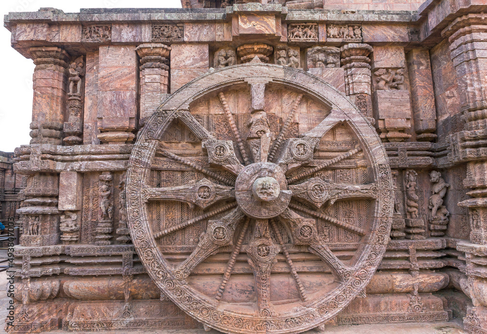 A stone wheel engraved in the walls of the 800 year old Sun Temple ...