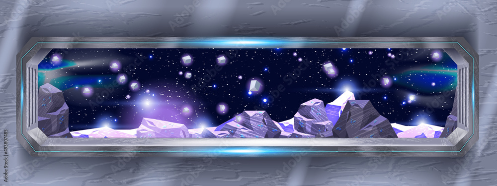 Spaceship window view, future spacecraft interior, vector alien planet ...