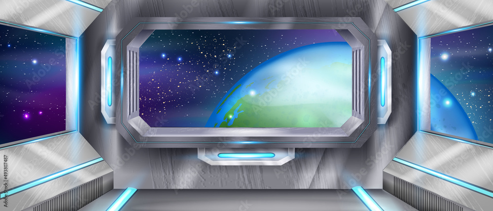 Space ship cockpit interior, shuttle window Earth view, vector ...