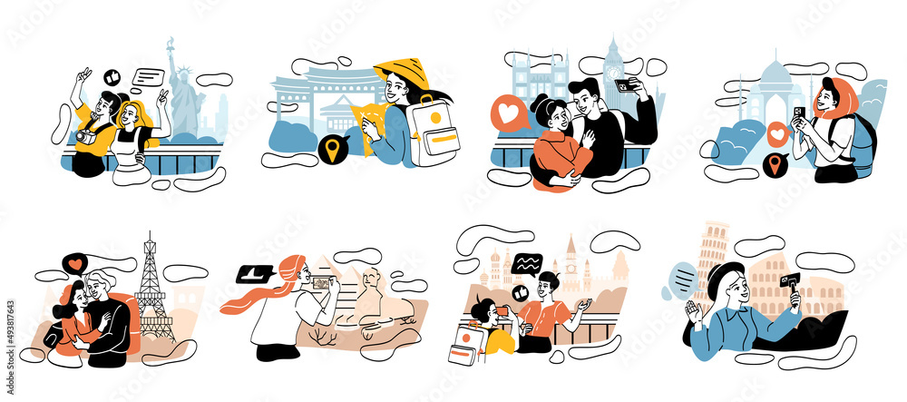 Set of traveling people visiting famous city landmarks and attractions ...