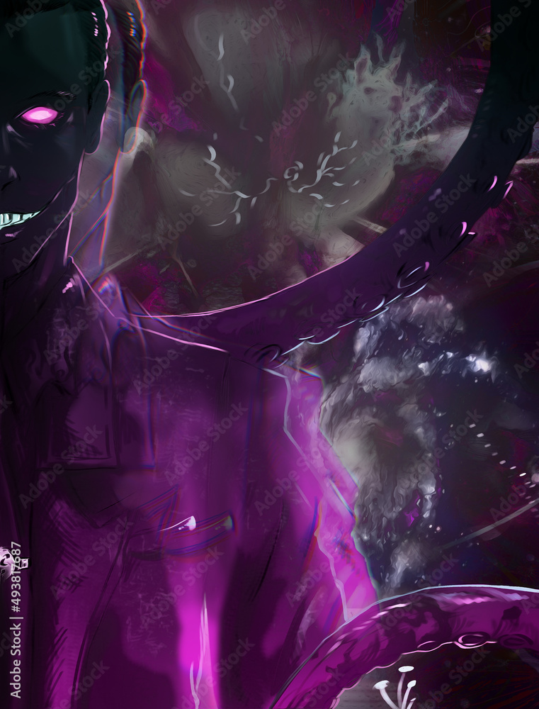 Illustration of a humanoid monster in suit and tie with glowing eyes ...
