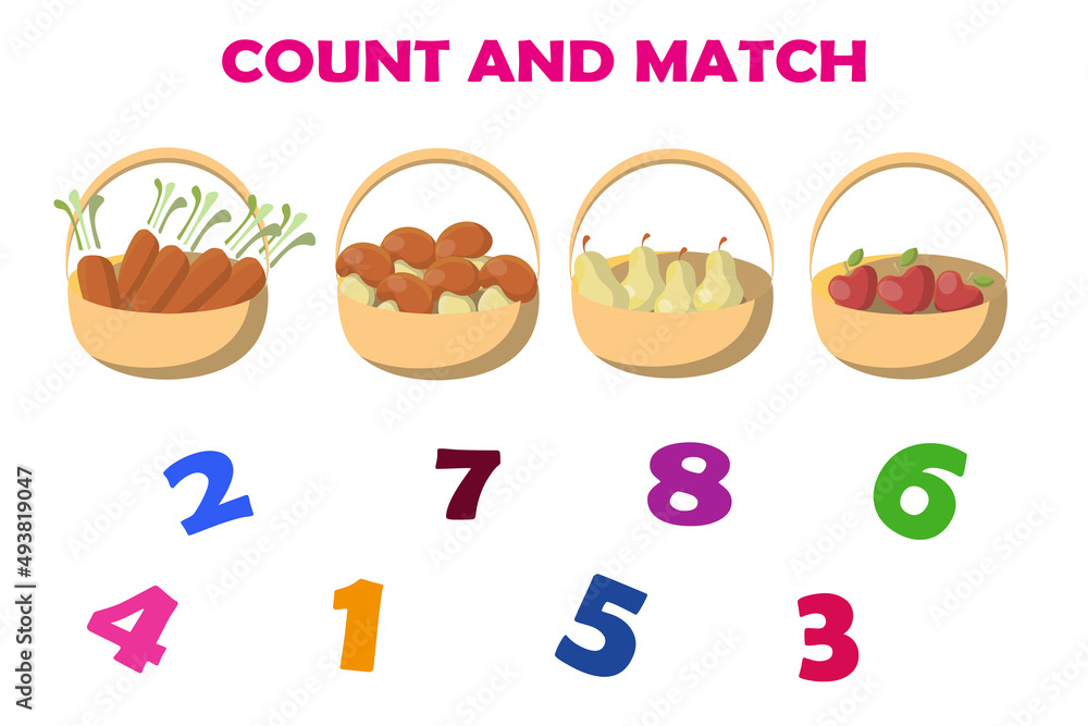 Vecteur Stock Count all fruit and vegetables in each basket and match ...