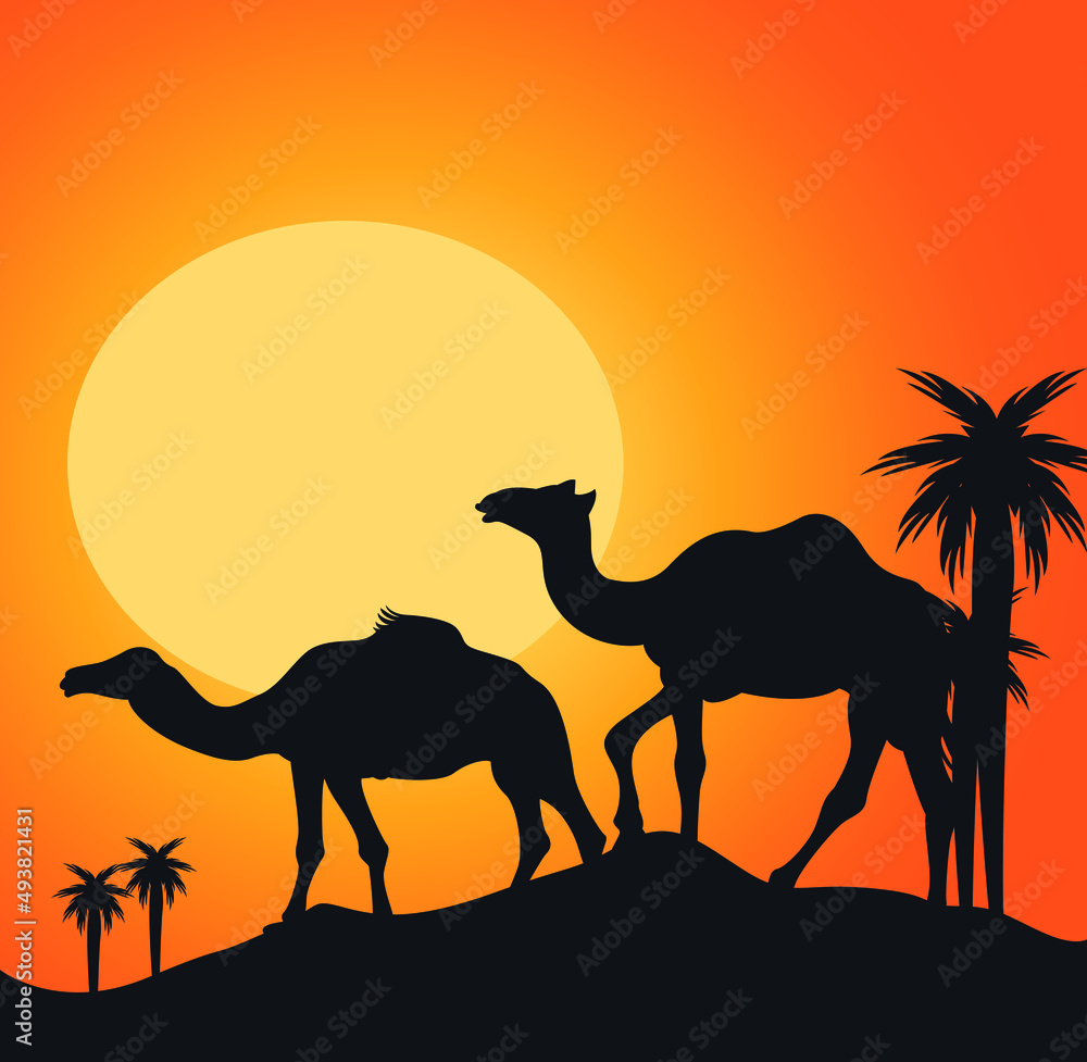 silhouette of camel in desert, Camels Silhouette Vector Illustration ...