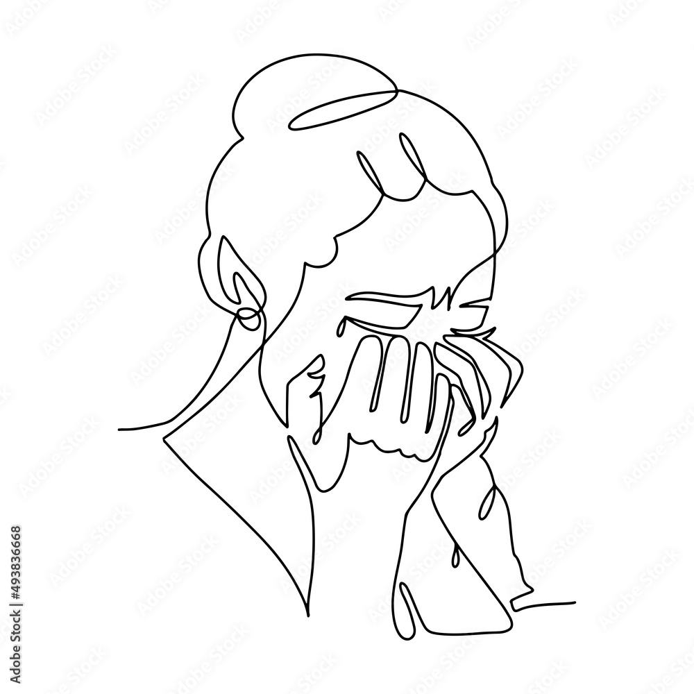 Woman is crying. Continuous line drawing of girl covers her face with ...