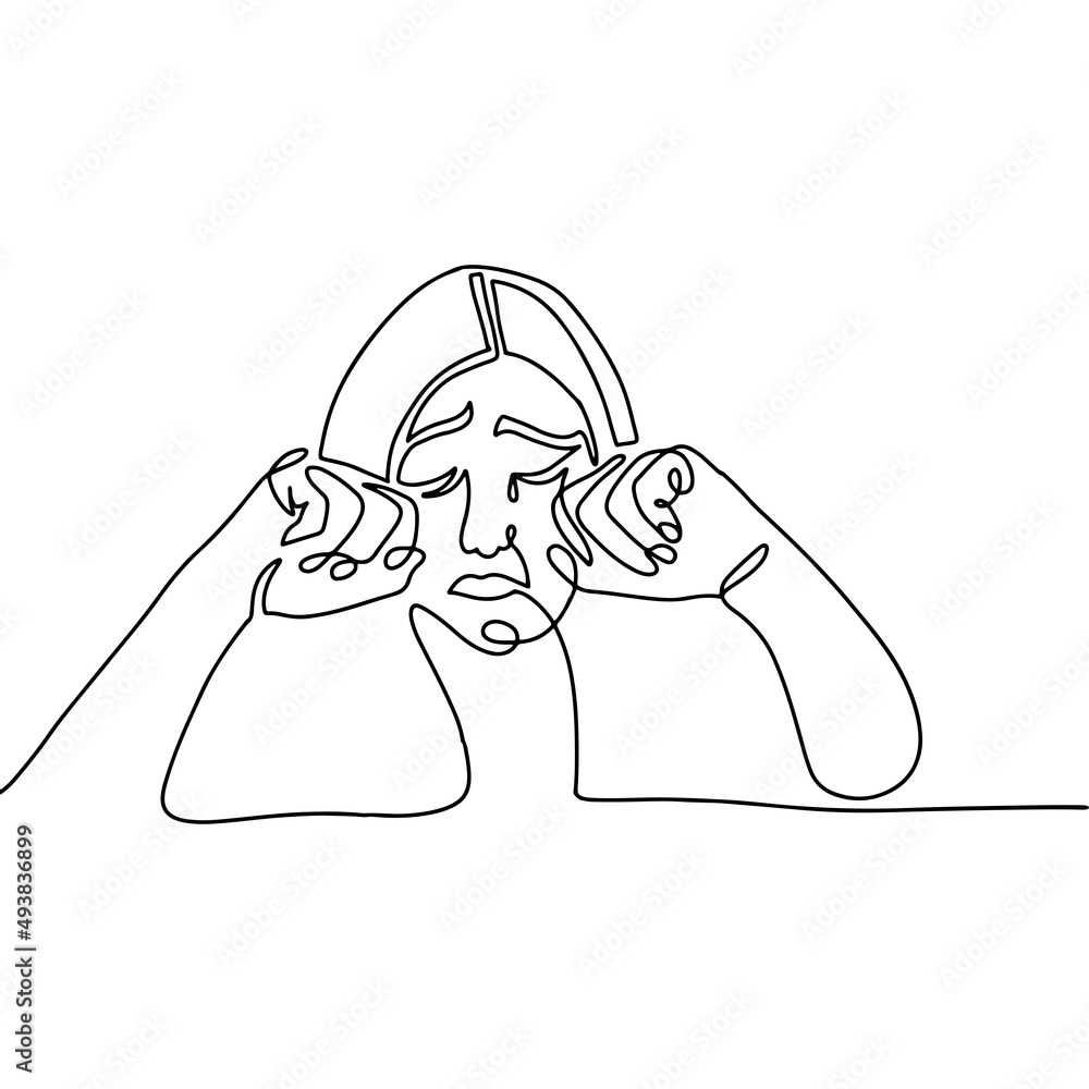 Crying woman holding both hands to her face - one line continuous ...