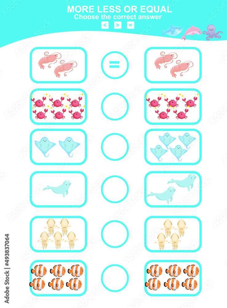 Choose more, less or equal game. Math education worksheet with animal ...