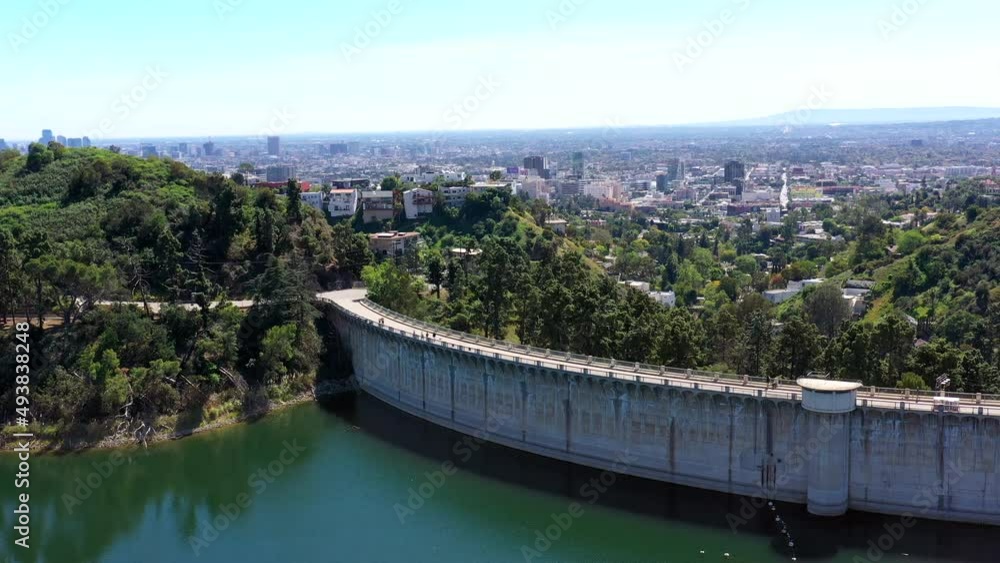 Drone image of Lake Hollywood Reservoir built by Mulholland Dam in 1924 ...