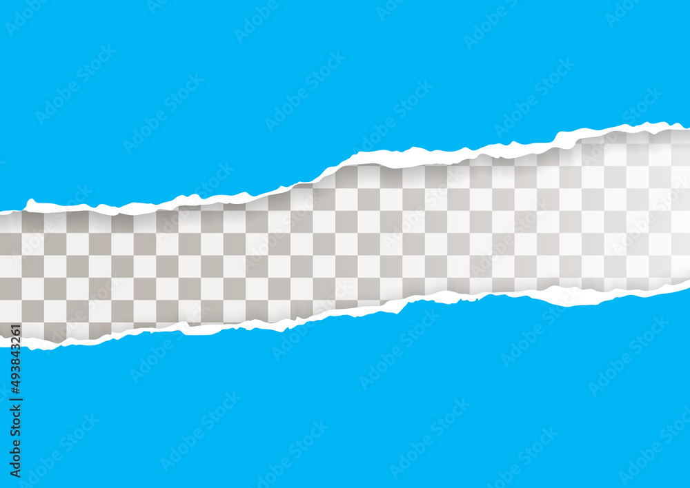 Realistic, torn, diagonal strip of blue paper with a light shadow on a ...