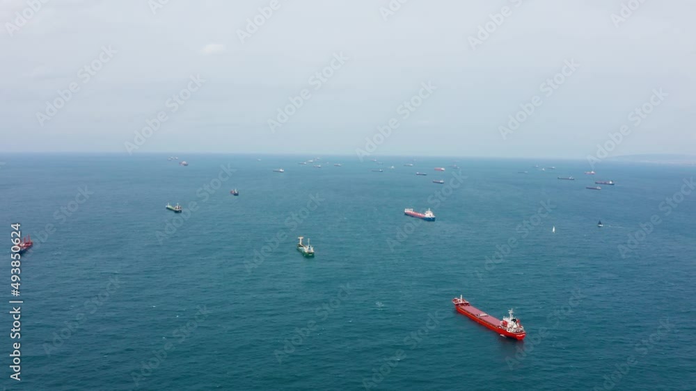 Fifty Cargo and Container ships anchored close to port due to worldwide ...