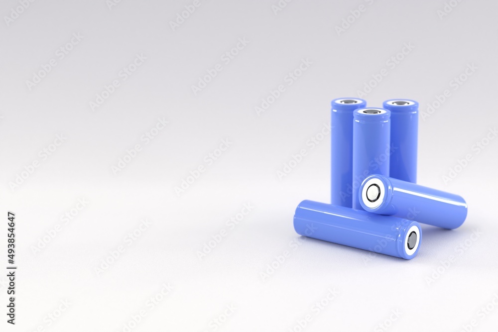 5 blue cylindrical batteries on a light gray background. Storage ...