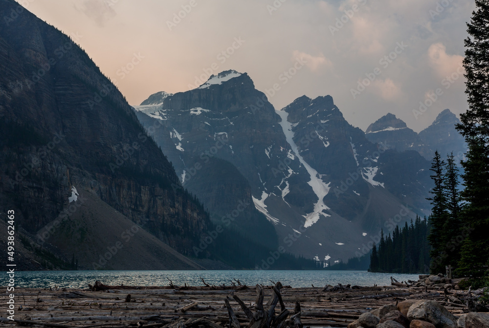Fallen down trees in the water of Moraine Lake in sunset. Banff ...