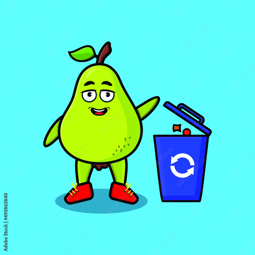 Cute cartoon pear fruit throwing trash in the trash in 3d modern style ...