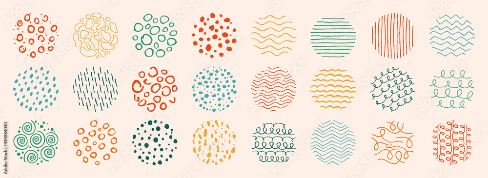 Round pattern abstract, doodle shapes background set. Brush hand drawn ...