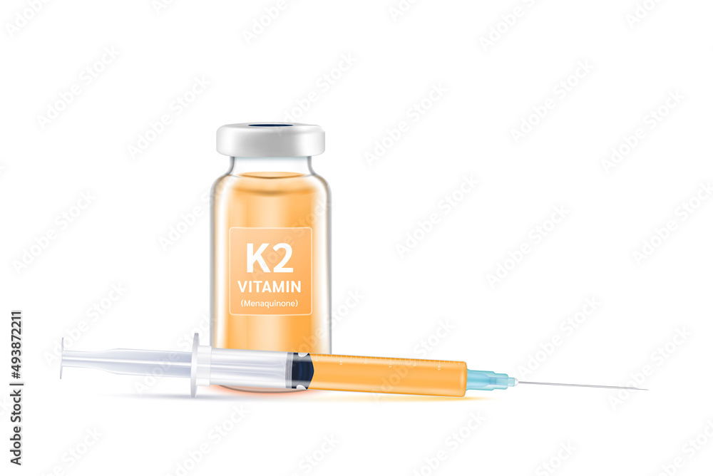 Serum collagen vitamin K2 inside bottle and syringe. Medicine injection ...