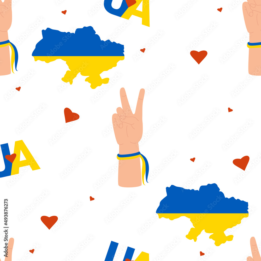 Ukrainian Seamless pattern. Hand gesture, two fingers, victory, Yellow ...