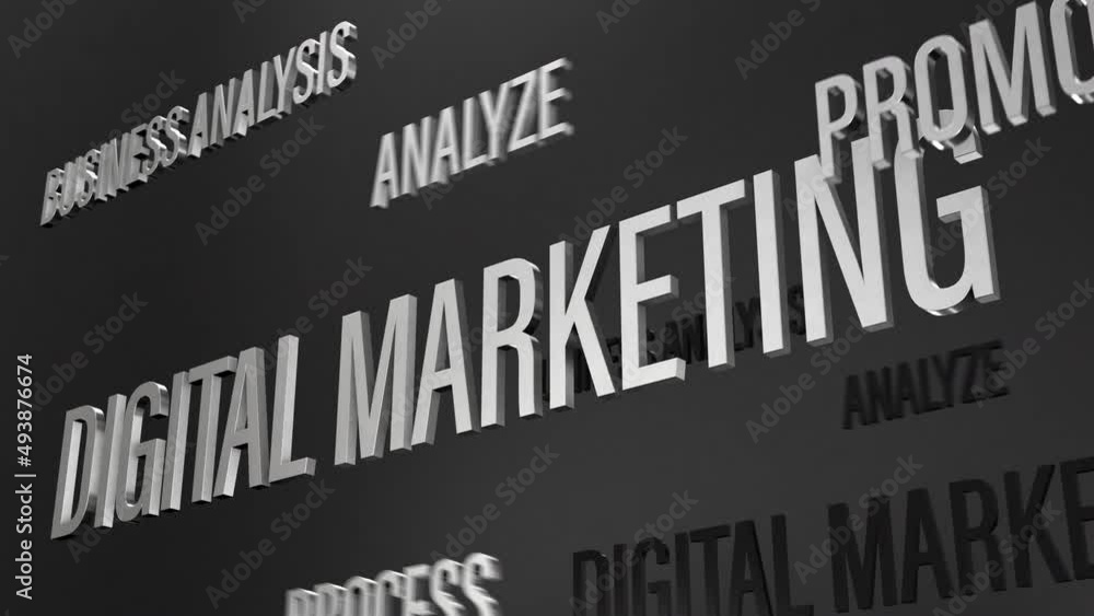 3D chrome text word cloud flying of Digital Marketing animation effect ...