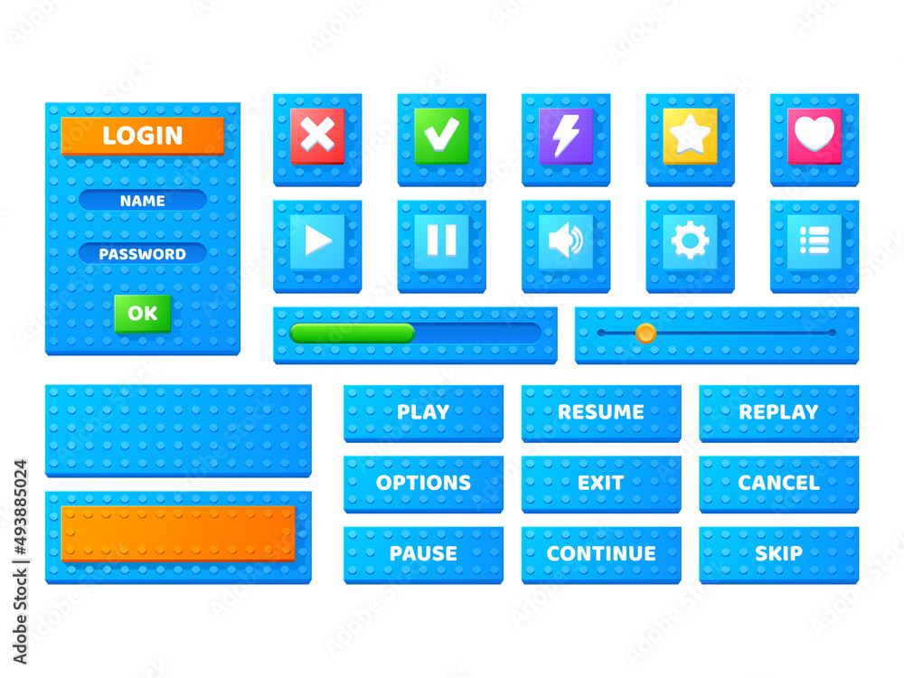 Set game menu elements block toy texture. Cartoon buttons, options ...