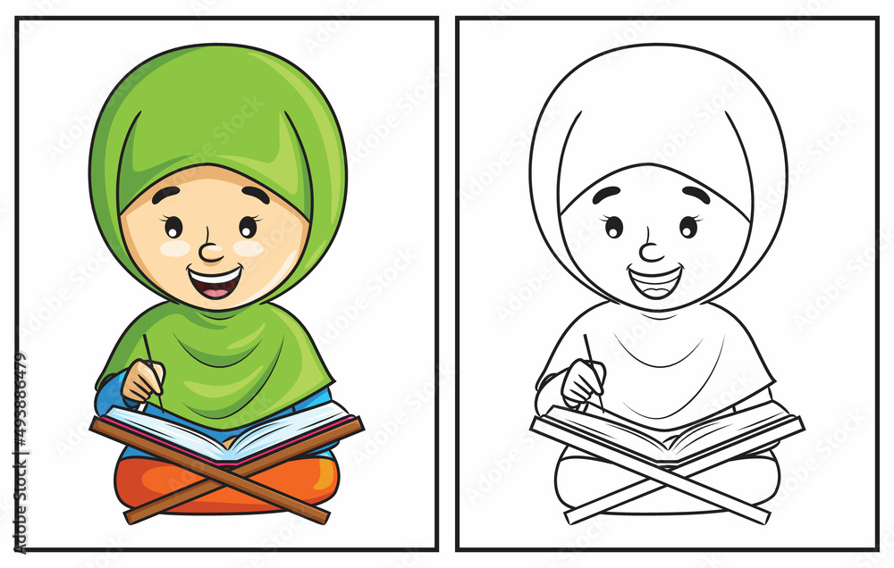 Coloring book cute girl reading Quran. Coloring page and colorful ...