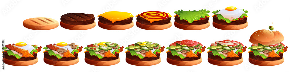 Burger cooking stages. Hamburger layers with bun, beef patty, cheese ...