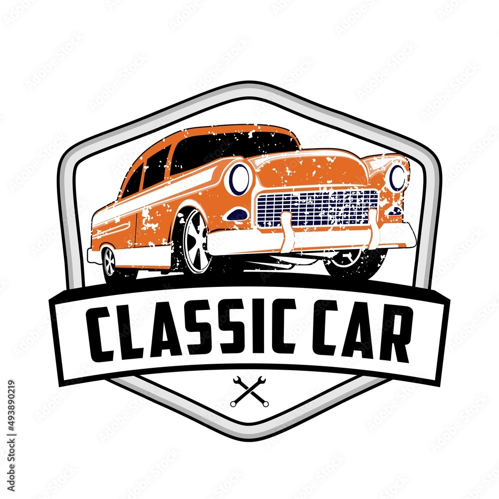 Classic car with emblem. Vector illustration with the image of an old ...