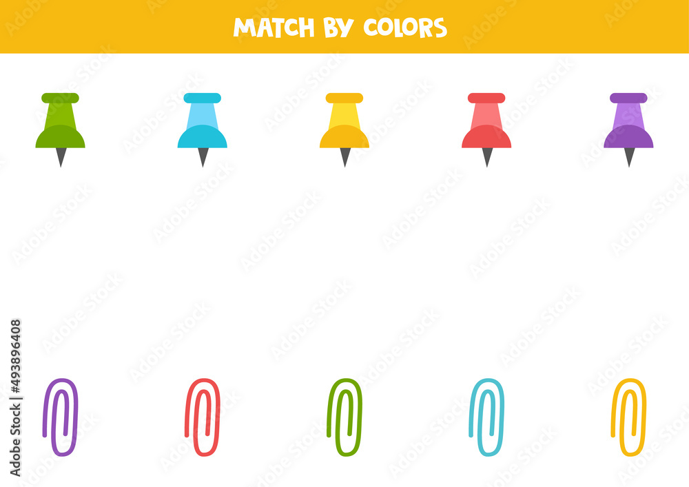 Color matching game for preschool kids. Match push pins and paper clips ...