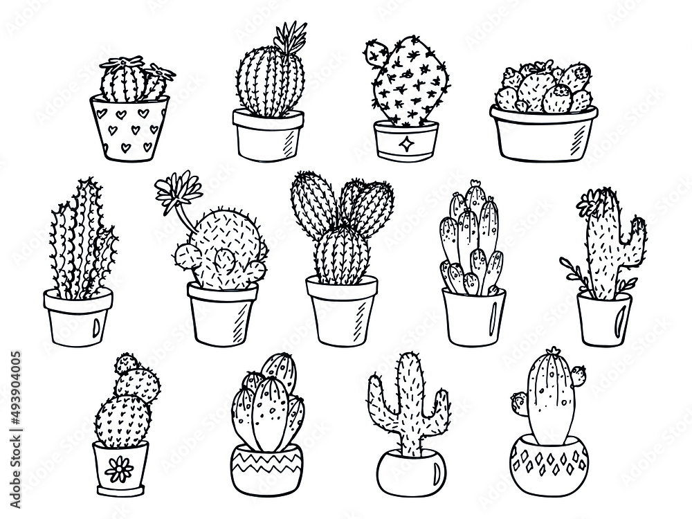 Set of cute hand drawn simple cactus. Houseplant in a pot clipart ...