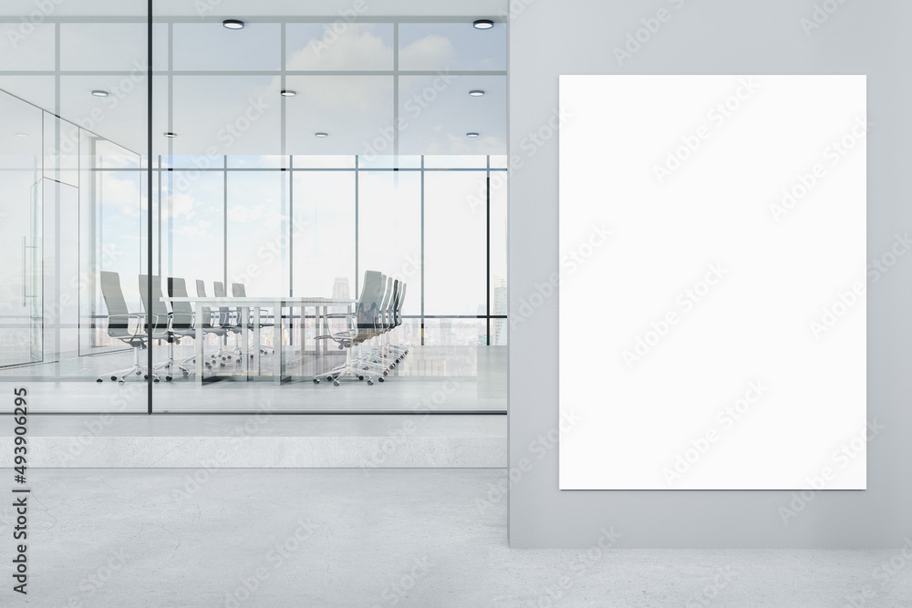 Modern glass office interior with mock up poster on wall, city view ...