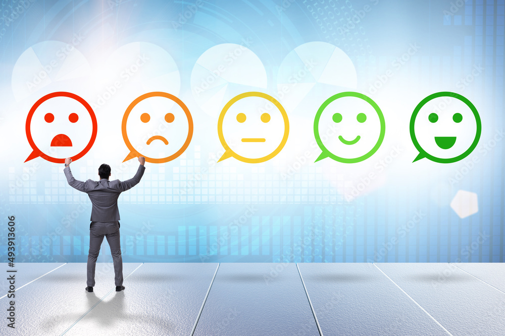 Illustration of customer feedback with faces and businessman Stock ...