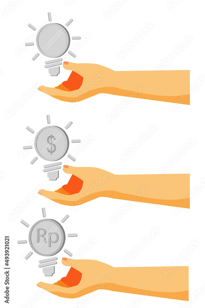 Simple Vector Set 3 Illustration Hand Give a Business Idea, Bulb Silver ...
