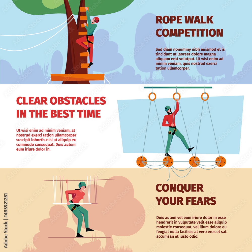 Rope park banners. Active attractions for kids and adults climbing ...