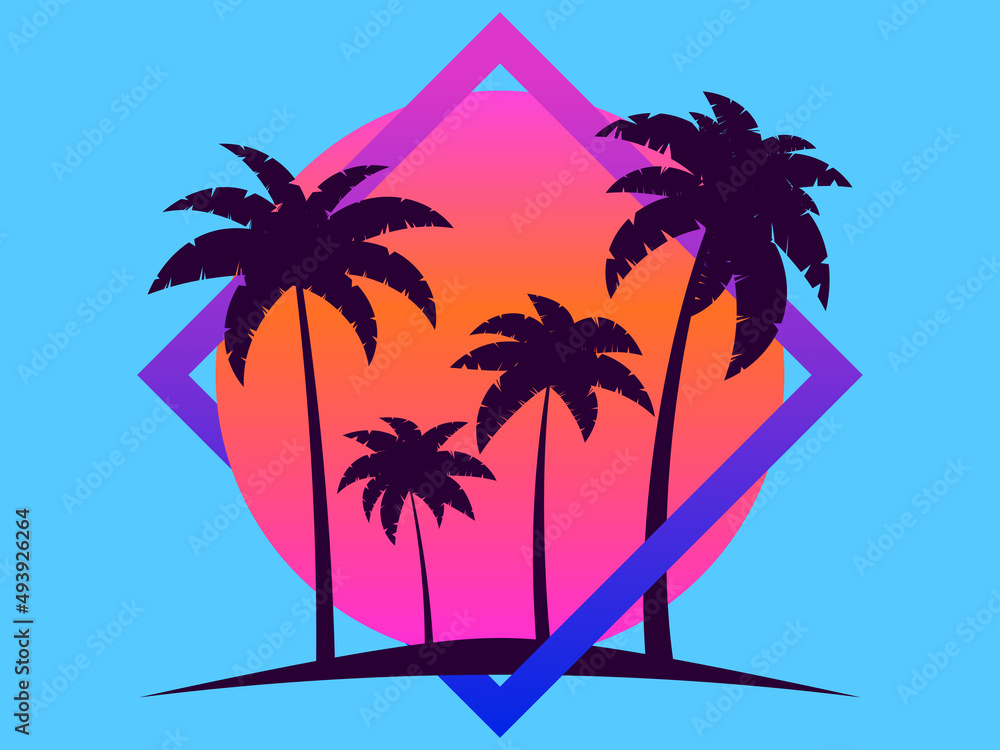 80s palm trees at sunset. Summer time. Retro futuristic sun. Synthwave ...