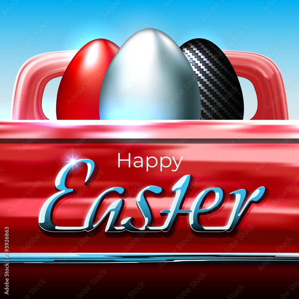 Happy Easter. Easter card in car style. Painted egg. Shiny chrome logo ...