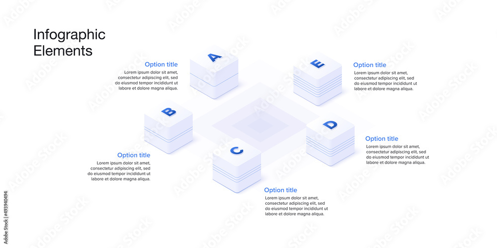 Business process chart infographics with 5 step cubes. Cubic corporate ...