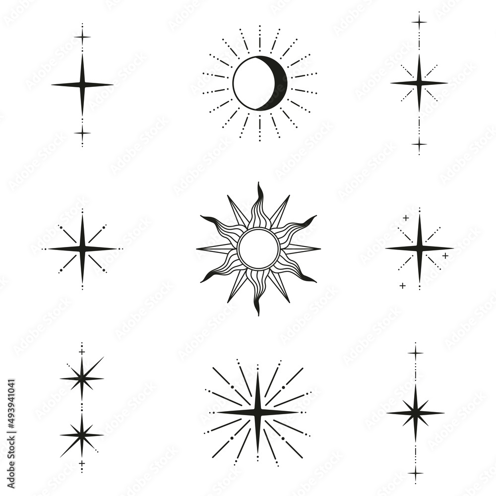 Collection of celestial symbols - sun, moon, stars. Vector illustration ...